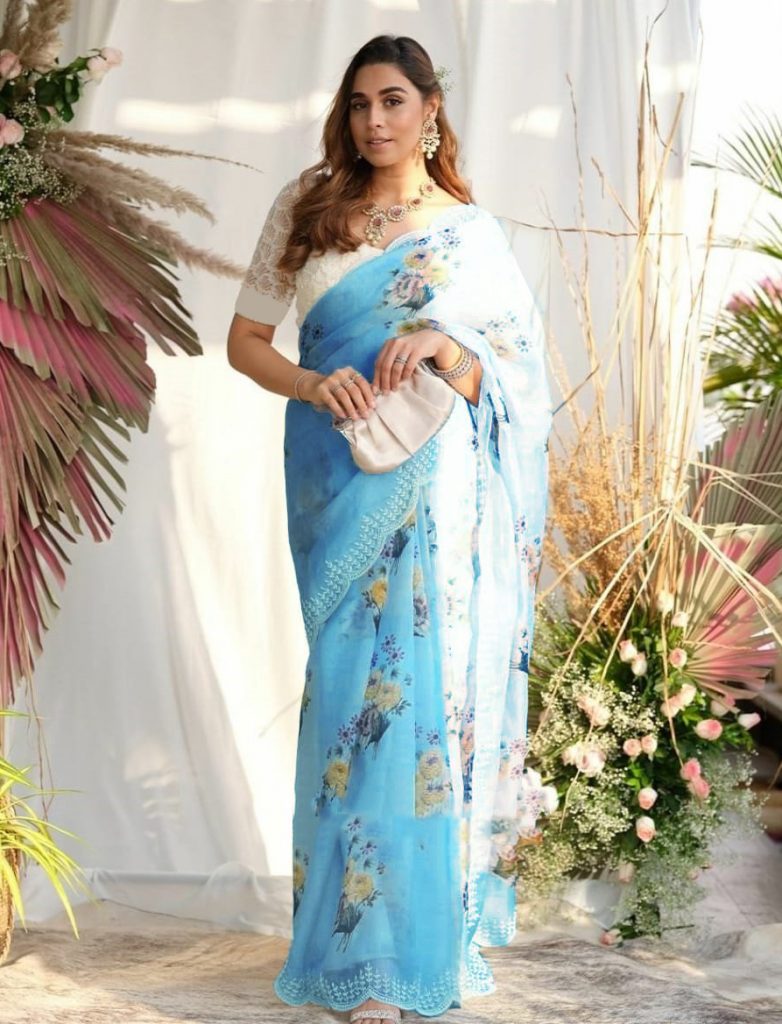 Sky Blue Saree - With Digital Print - IndiFeels Australia