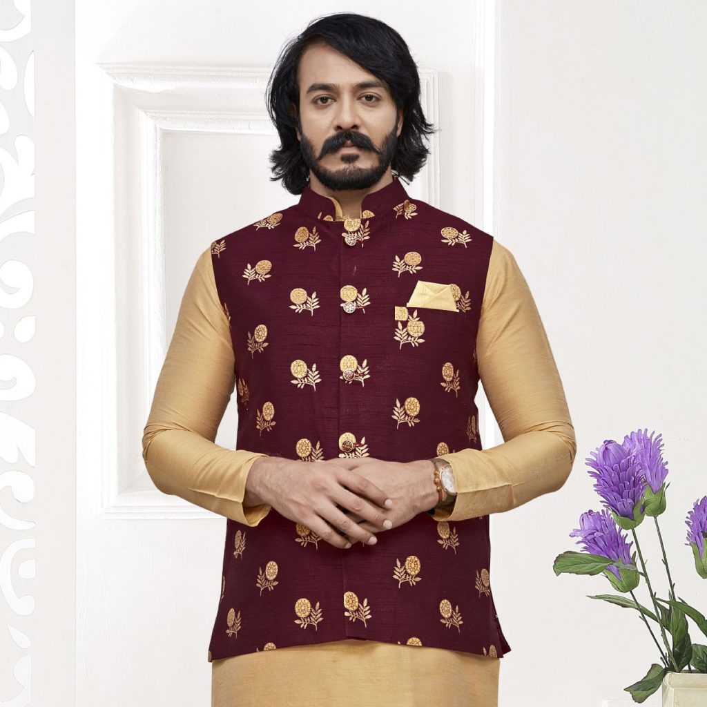 Buy Classy Men's Maroon Pattern Nehru Jacket in Australia!