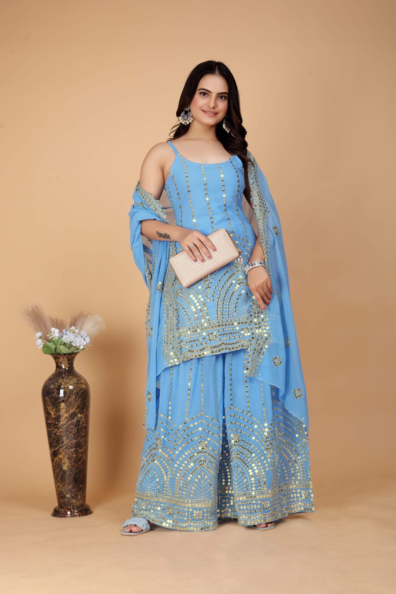 Sky Blue Sharara Suit With Duppata - IndiFeels Australia