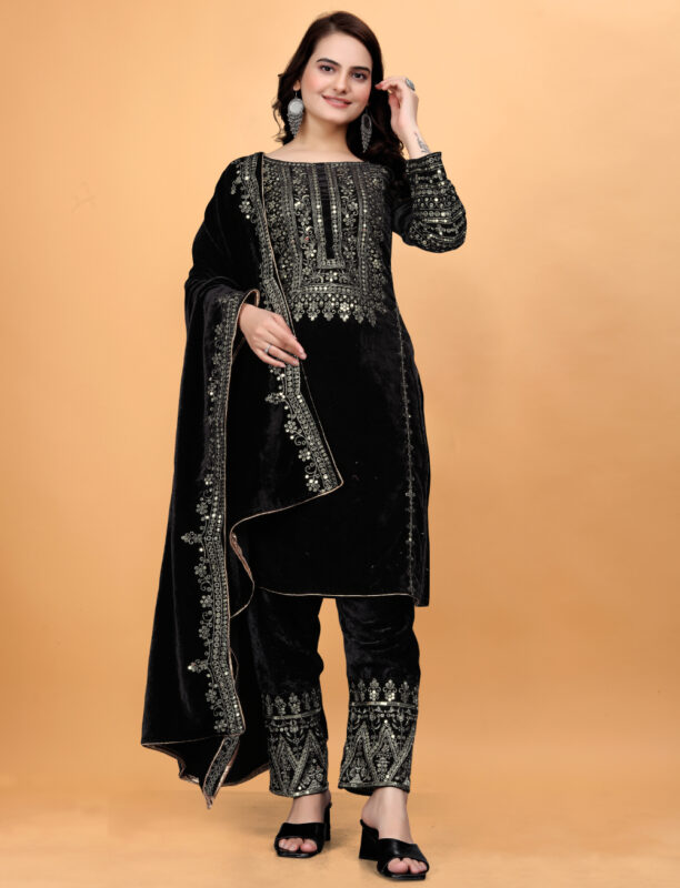 Black Velvet Embroidered Plazo Suit - IndiFeels Australia