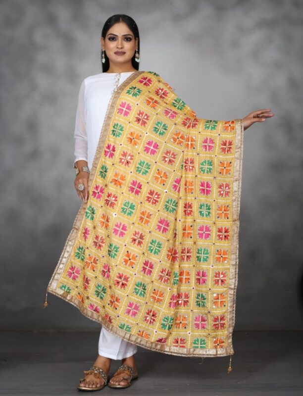 Golden Indian Phulkari Dupatta With Latkan - IndiFeels Australia