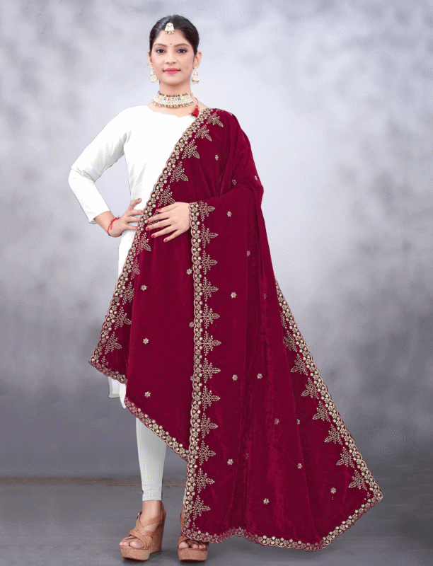 Maroon Embroidered Velvet Stole Women - IndiFeels Australia