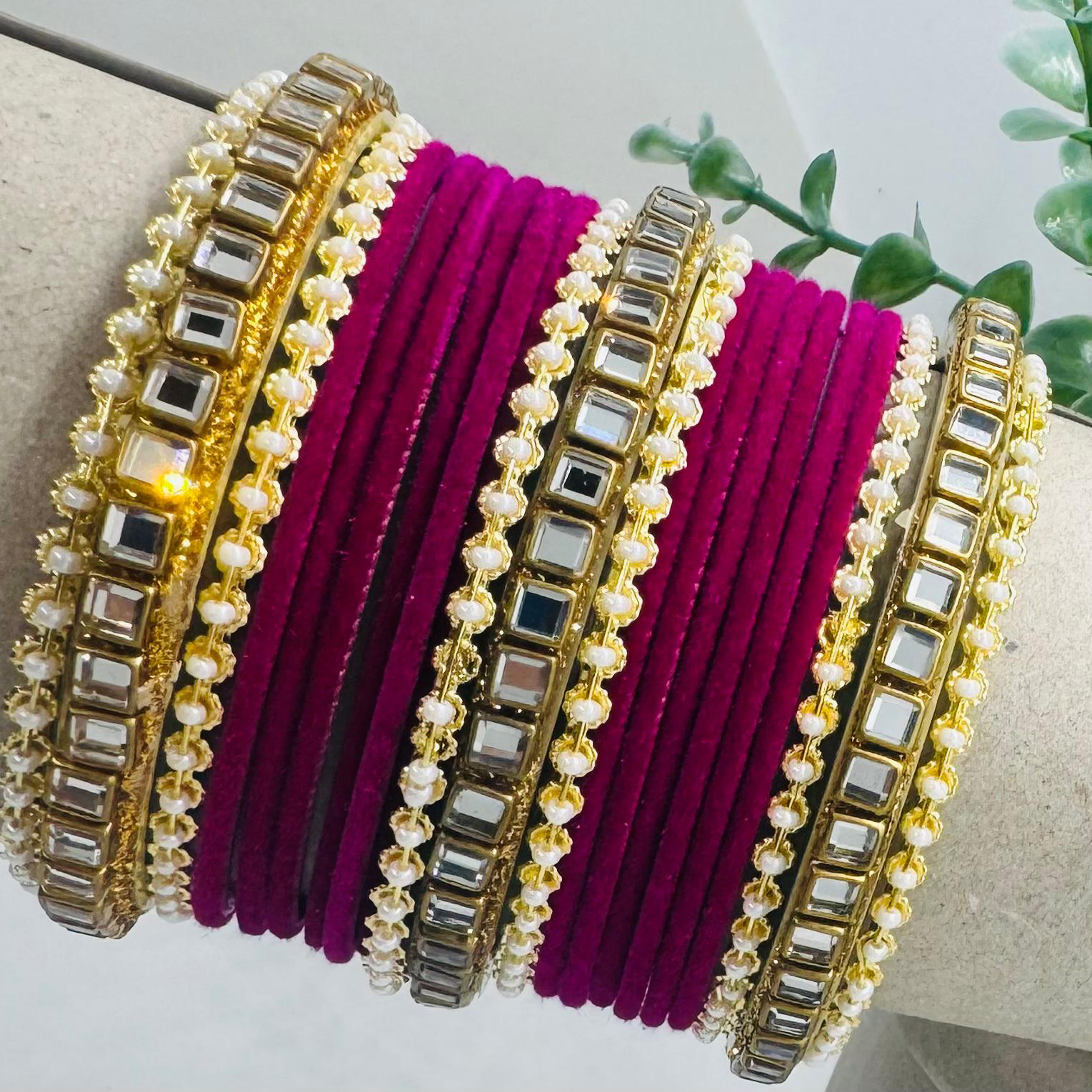 Magenta Gold Stone Velvet Bangles - IndiFeels Australia